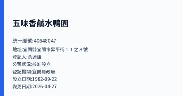五味香鹹水鴨園的照片-統編 40648047(宜蘭縣) 公司登記資料與營業項目詳細圖表