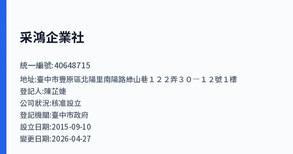 采鴻企業社的照片-統編 40648715(臺中市) 公司登記資料與營業項目詳細圖表