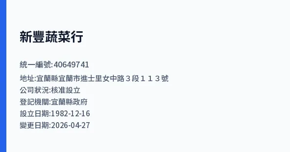 新豐蔬菜行的照片-統編 40649741(宜蘭縣) 公司登記資料與營業項目詳細圖表