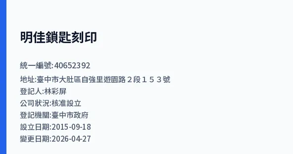 明佳鎖匙刻印的照片-統編 40652392(臺中市) 公司登記資料與營業項目詳細圖表