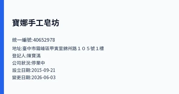 寶娜手工皂坊的照片-統編 40652978(臺中市) 公司登記資料與營業項目詳細圖表