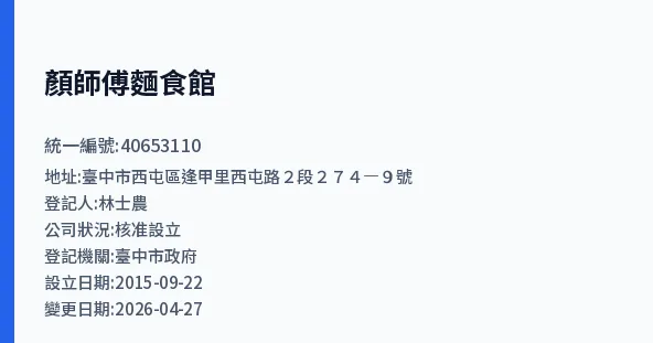顏師傅麵食館的照片-統編 40653110(臺中市) 公司登記資料與營業項目詳細圖表