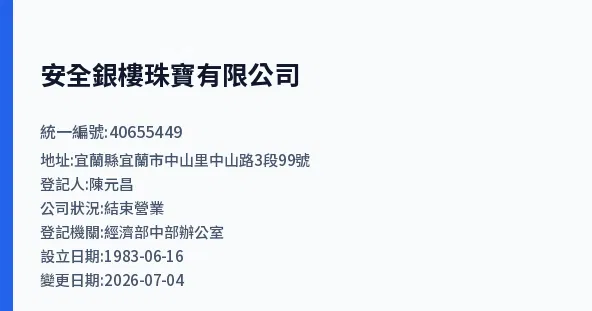 安全銀樓珠寶有限公司的照片-統編 40655449(宜蘭縣) 公司登記資料與營業項目詳細圖表