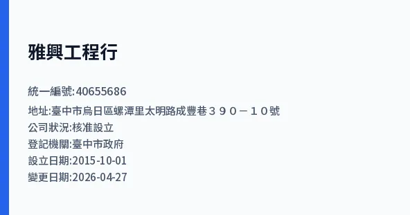 雅興工程行的照片-統編 40655686(臺中市) 公司登記資料與營業項目詳細圖表