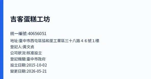 吉客蛋糕工坊的照片-統編 40656051(臺中市) 公司登記資料與營業項目詳細圖表