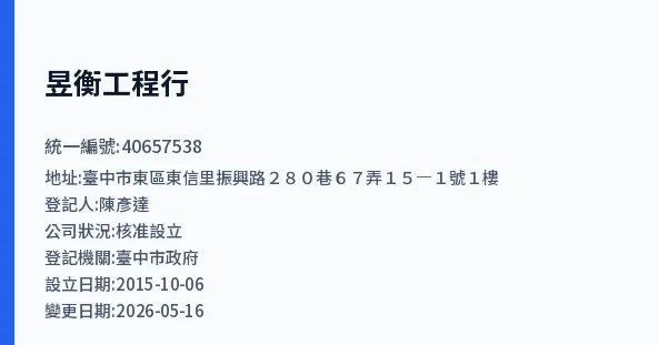 昱衡工程行的照片-統編 40657538(臺中市) 公司登記資料與營業項目詳細圖表
