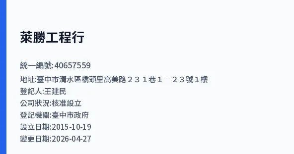 萊勝工程行的照片-統編 40657559(臺中市) 公司登記資料與營業項目詳細圖表
