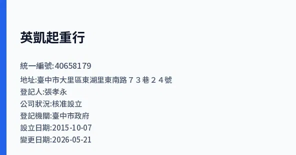 英凱起重行的照片-統編 40658179(臺中市) 公司登記資料與營業項目詳細圖表
