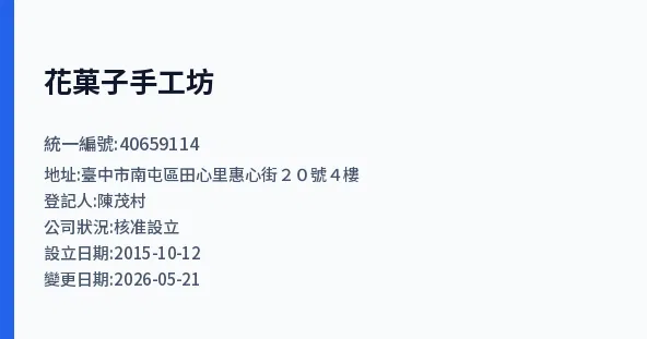 花菓子手工坊的照片-統編 40659114(臺中市) 公司登記資料與營業項目詳細圖表