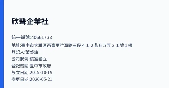 欣聲企業社的照片-統編 40661738(臺中市) 公司登記資料與營業項目詳細圖表