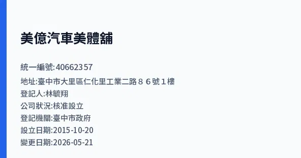 美億汽車美體舖的照片-統編 40662357(臺中市) 公司登記資料與營業項目詳細圖表