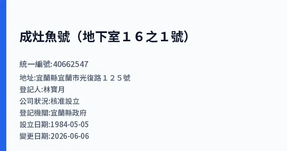成灶魚號(地下室16之1號)的照片-統編 40662547(宜蘭縣) 公司登記資料與營業項目詳細圖表