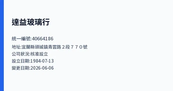 達益玻璃行的照片-統編 40664186(宜蘭縣) 公司登記資料與營業項目詳細圖表