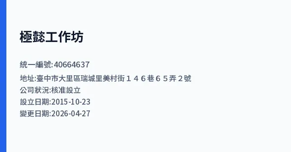 極懿工作坊的照片-統編 40664637(臺中市) 公司登記資料與營業項目詳細圖表
