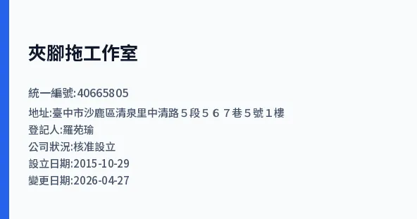 夾腳拖工作室的照片-統編 40665805(臺中市) 公司登記資料與營業項目詳細圖表