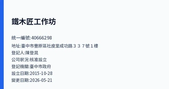 鐵木匠工作坊的照片-統編 40666298(臺中市) 公司登記資料與營業項目詳細圖表