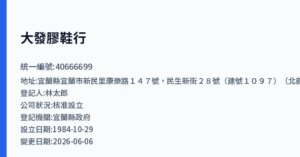 大發膠鞋行的照片-統編 40666699(宜蘭縣) 公司登記資料與營業項目詳細圖表