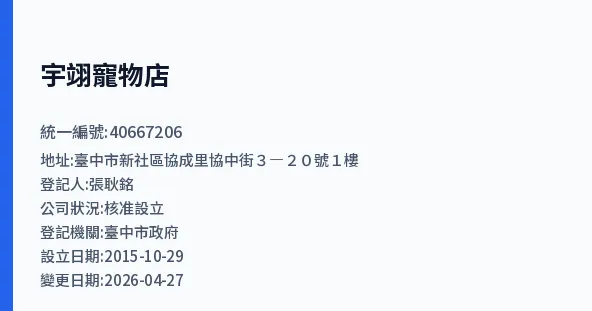 宇翊寵物店的照片-統編 40667206(臺中市) 公司登記資料與營業項目詳細圖表