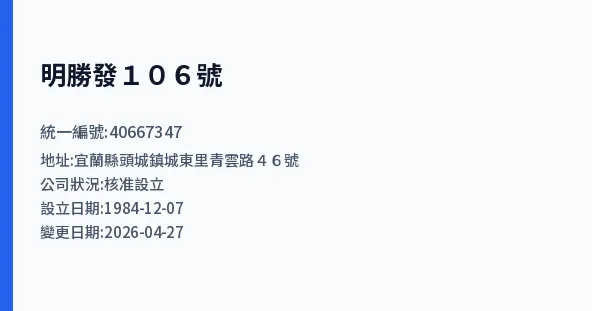 明勝發106號的照片-統編 40667347(宜蘭縣) 公司登記資料與營業項目詳細圖表