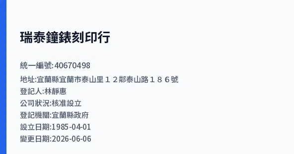 瑞泰鐘錶刻印行的照片-統編 40670498(宜蘭縣) 公司登記資料與營業項目詳細圖表