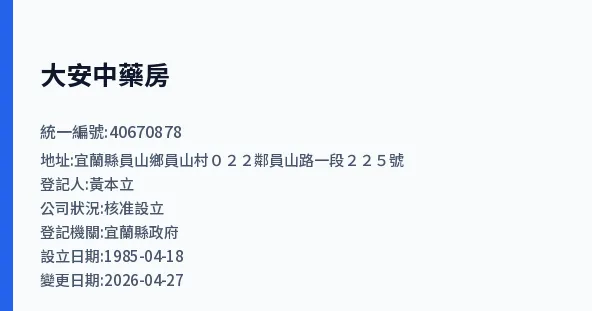 大安中藥房的照片-統編 40670878(宜蘭縣) 公司登記資料與營業項目詳細圖表