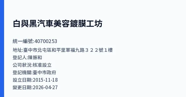白與黑汽車美容鍍膜工坊的照片-統編 40700253(臺中市) 公司登記資料與營業項目詳細圖表