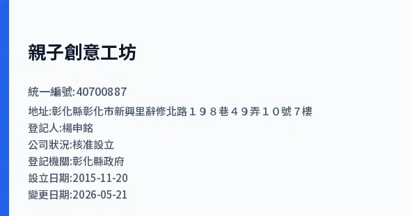 親子創意工坊的照片-統編 40700887(彰化縣) 公司登記資料與營業項目詳細圖表