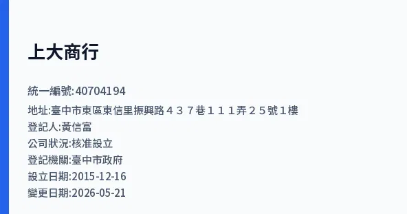 上大商行的照片-統編 40704194(臺中市) 公司登記資料與營業項目詳細圖表