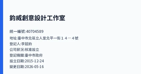 鈞威創意設計工作室的照片-統編 40704589(臺中市) 公司登記資料與營業項目詳細圖表