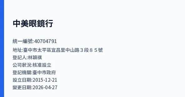 中美眼鏡行的照片-統編 40704791(臺中市) 公司登記資料與營業項目詳細圖表