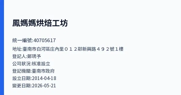 鳳媽媽烘焙工坊的照片-統編 40705617(臺南市) 公司登記資料與營業項目詳細圖表