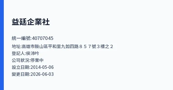 益廷企業社的照片-統編 40707045(高雄市) 公司登記資料與營業項目詳細圖表