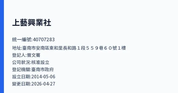 上藝興業社的照片-統編 40707283(臺南市) 公司登記資料與營業項目詳細圖表