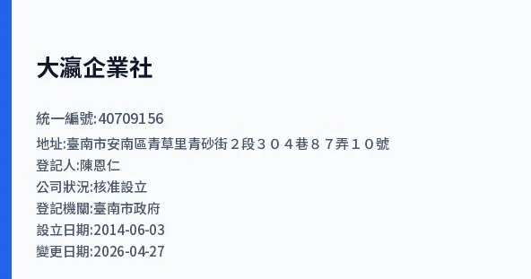 大瀛企業社的照片-統編 40709156(臺南市) 公司登記資料與營業項目詳細圖表