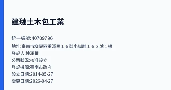 建璉土木包工業的照片-統編 40709796(臺南市) 公司登記資料與營業項目詳細圖表