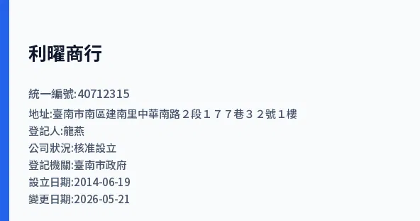 利曜商行的照片-統編 40712315(臺南市) 公司登記資料與營業項目詳細圖表