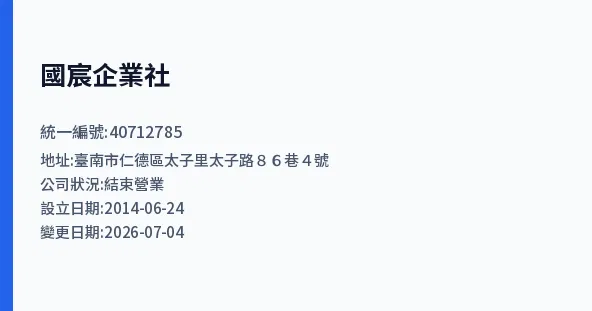 國宸企業社的照片-統編 40712785(臺南市) 公司登記資料與營業項目詳細圖表