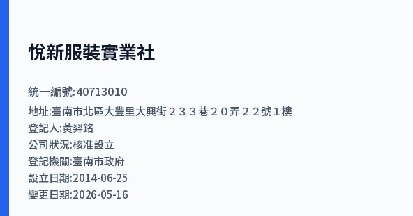 悅新服裝實業社的照片-統編 40713010(臺南市) 公司登記資料與營業項目詳細圖表