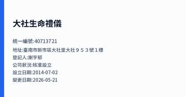 大社生命禮儀的照片-統編 40713721(臺南市) 公司登記資料與營業項目詳細圖表