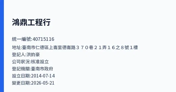 鴻鼎工程行的照片-統編 40715116(臺南市) 公司登記資料與營業項目詳細圖表