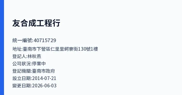 友合成工程行的照片-統編 40715729(臺南市) 公司登記資料與營業項目詳細圖表