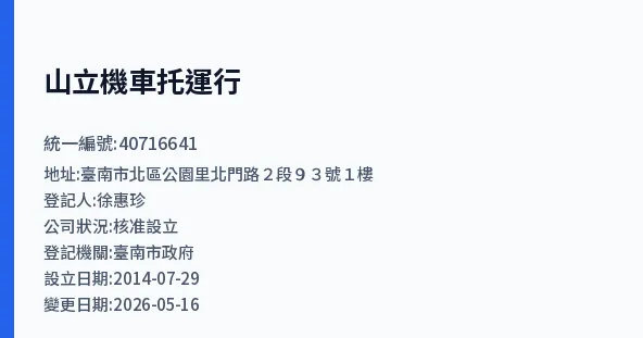 山立機車托運行的照片-統編 40716641(臺南市) 公司登記資料與營業項目詳細圖表