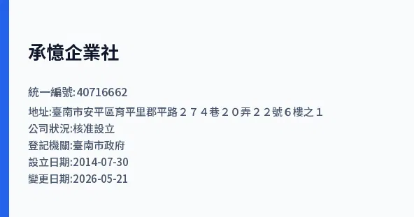 承憶企業社的照片-統編 40716662(臺南市) 公司登記資料與營業項目詳細圖表