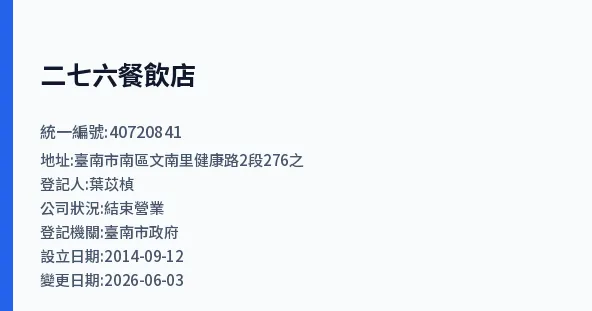二七六餐飲店的照片-統編 40720841(臺南市) 公司登記資料與營業項目詳細圖表