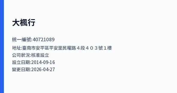 大楓行的照片-統編 40721089(臺南市) 公司登記資料與營業項目詳細圖表