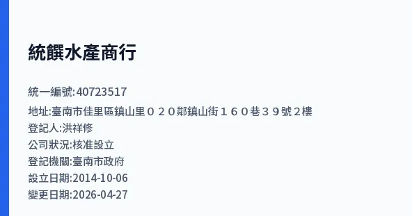 統饌水產商行的照片-統編 40723517(臺南市) 公司登記資料與營業項目詳細圖表