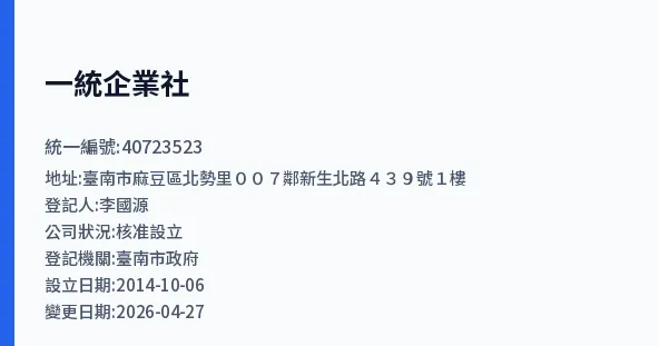 一統企業社的照片-統編 40723523(臺南市) 公司登記資料與營業項目詳細圖表