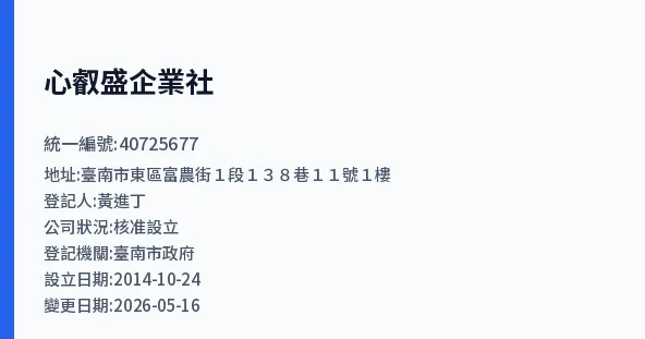 心叡盛企業社的照片-統編 40725677(臺南市) 公司登記資料與營業項目詳細圖表