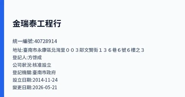 金瑞泰工程行的照片-統編 40728914(臺南市) 公司登記資料與營業項目詳細圖表