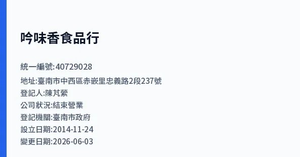 吟味香食品行的照片-統編 40729028(臺南市) 公司登記資料與營業項目詳細圖表